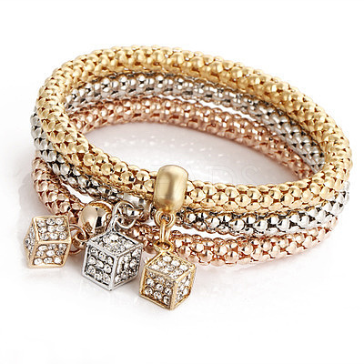 3Pcs Alloy Rhinestone Charm Bangle Set - Lbeads.com